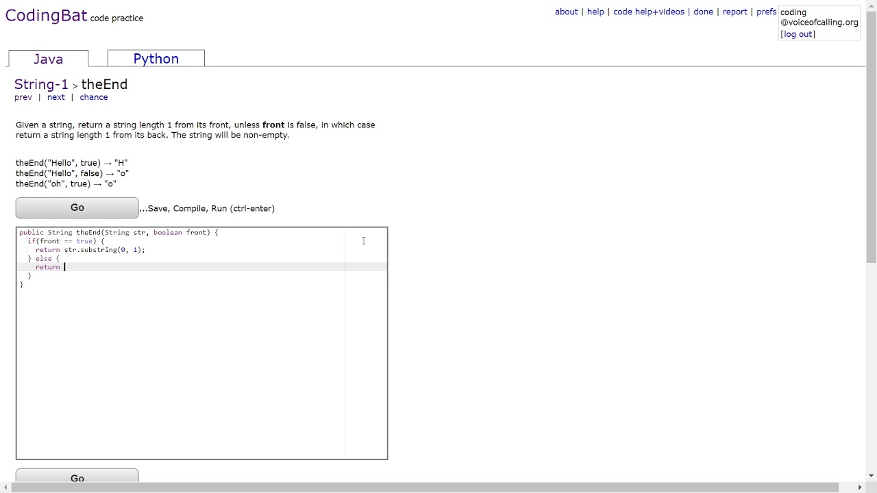 String 1 Theend Java Tutorial Codingbat Youtube