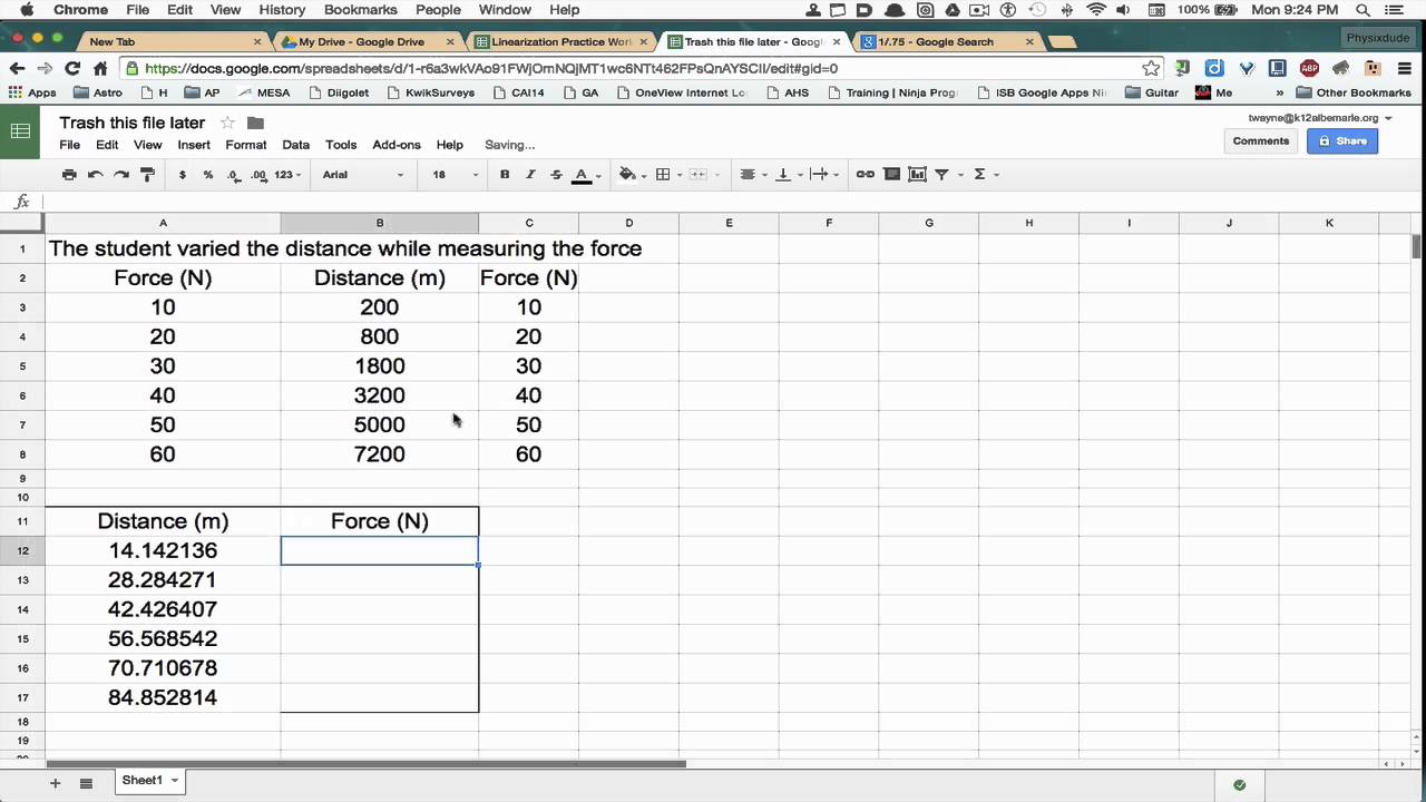 Linearizing Data Example In Google Sheets Youtube