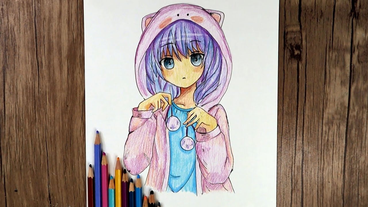 Drawing Of Anime Girl With Cat Hoodie Step By Step Anime Drawing