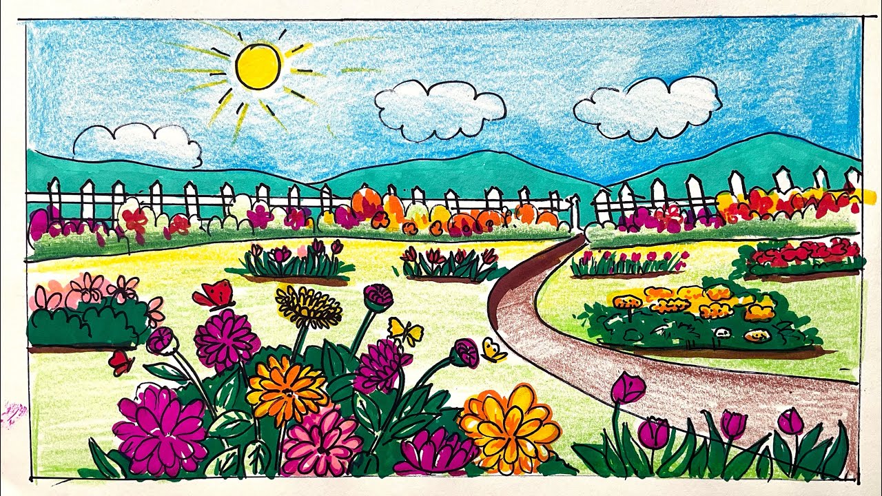 Beautiful Garden Drawing Easy Step By Step Flower Garden Drawing For