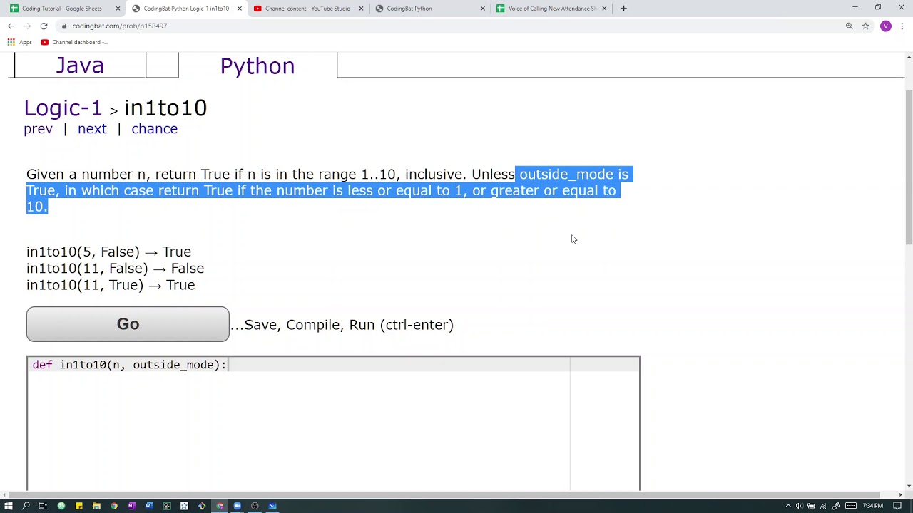 Logic 1 In1to10 Python Tutorial Codingbat Youtube
