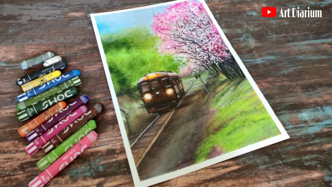 Train Landscape Drawing With Oil Pastel Step By Step For Beginners