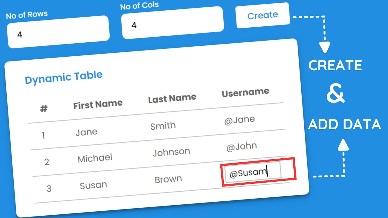 Add Data To Table Dyanmically Using Html Css Js Youtube