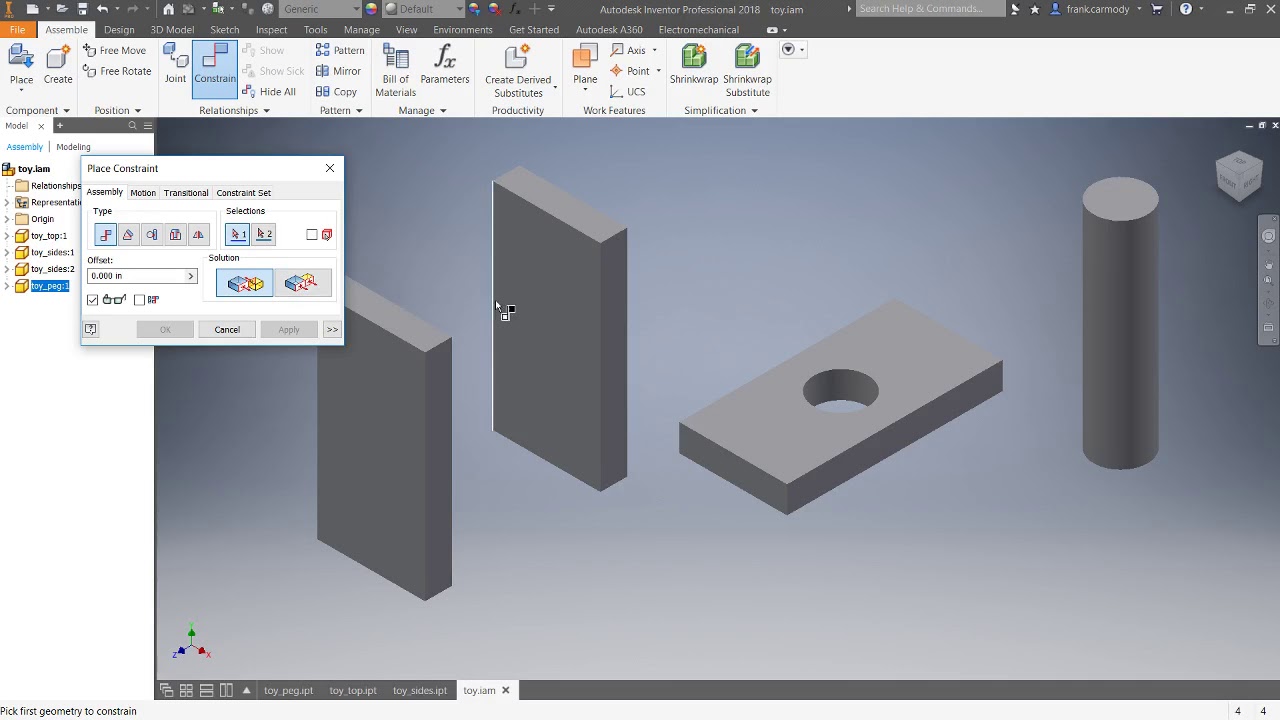 Autodesk Inventor 2018 4 Basic Assembly Youtube