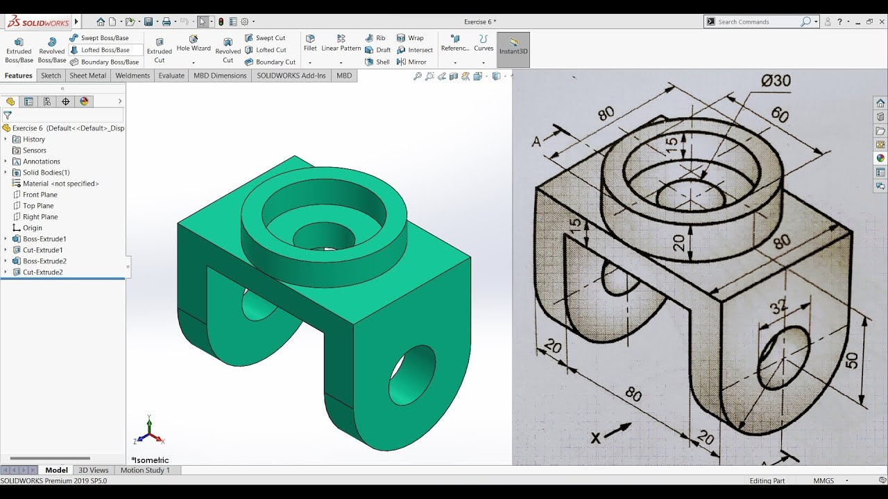 Solidworks Basics Part Modelling Tutorial Exercise 6 Youtube