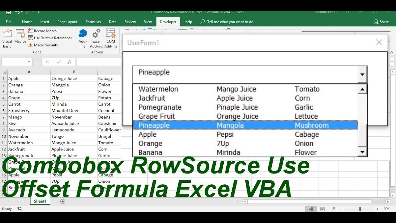 Combobox Rowsource Use Offset Formula Excel Vba Youtube