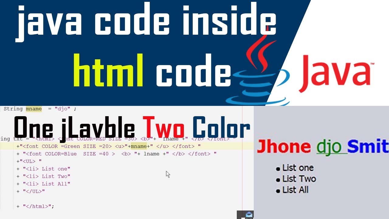 Html Java Code One Text Two Colours Add In Java Java For Beginners