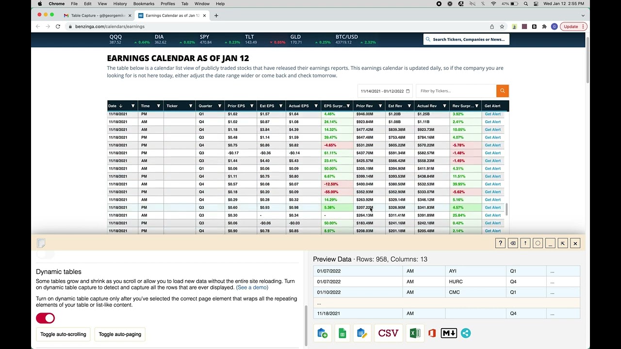 Table Capture Dynamic Table Capture On Benzinga Youtube