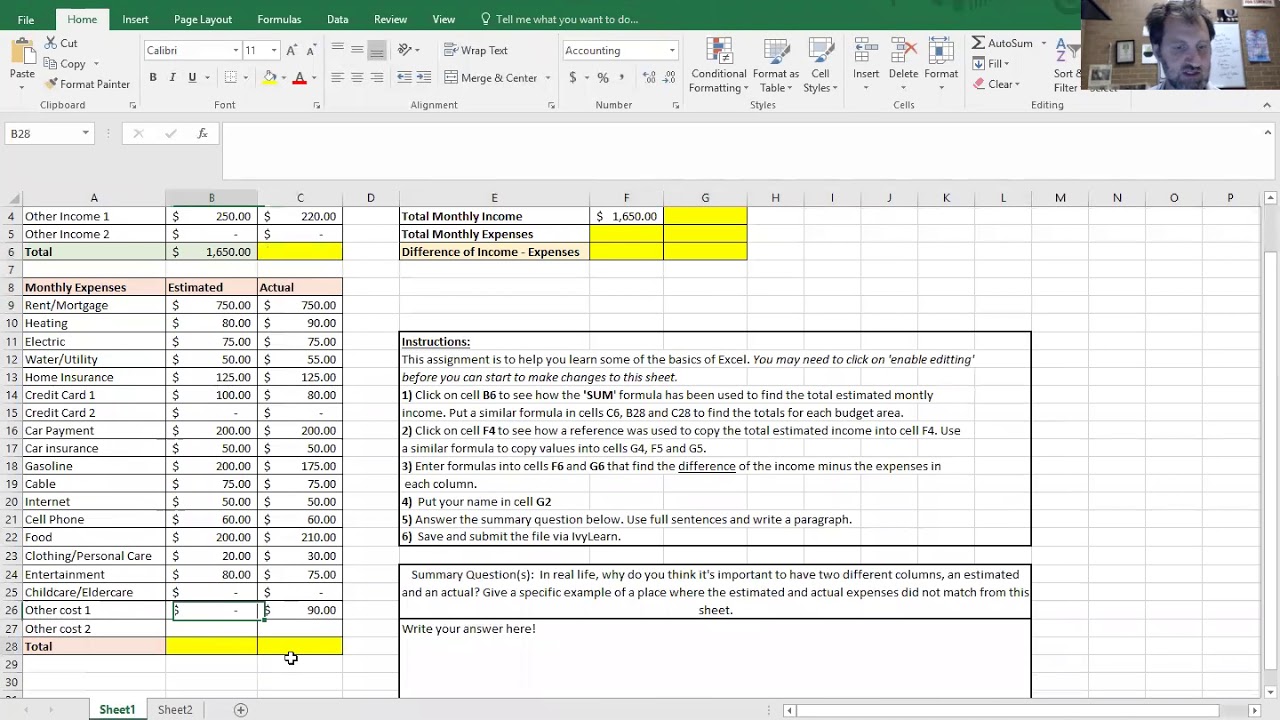Excel 1 Budget Practice Youtube