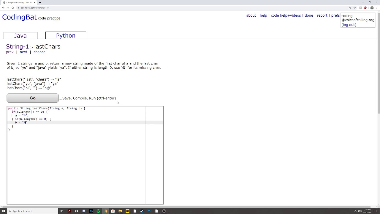 String 1 Lastchars Java Tutorial Codingbat Youtube