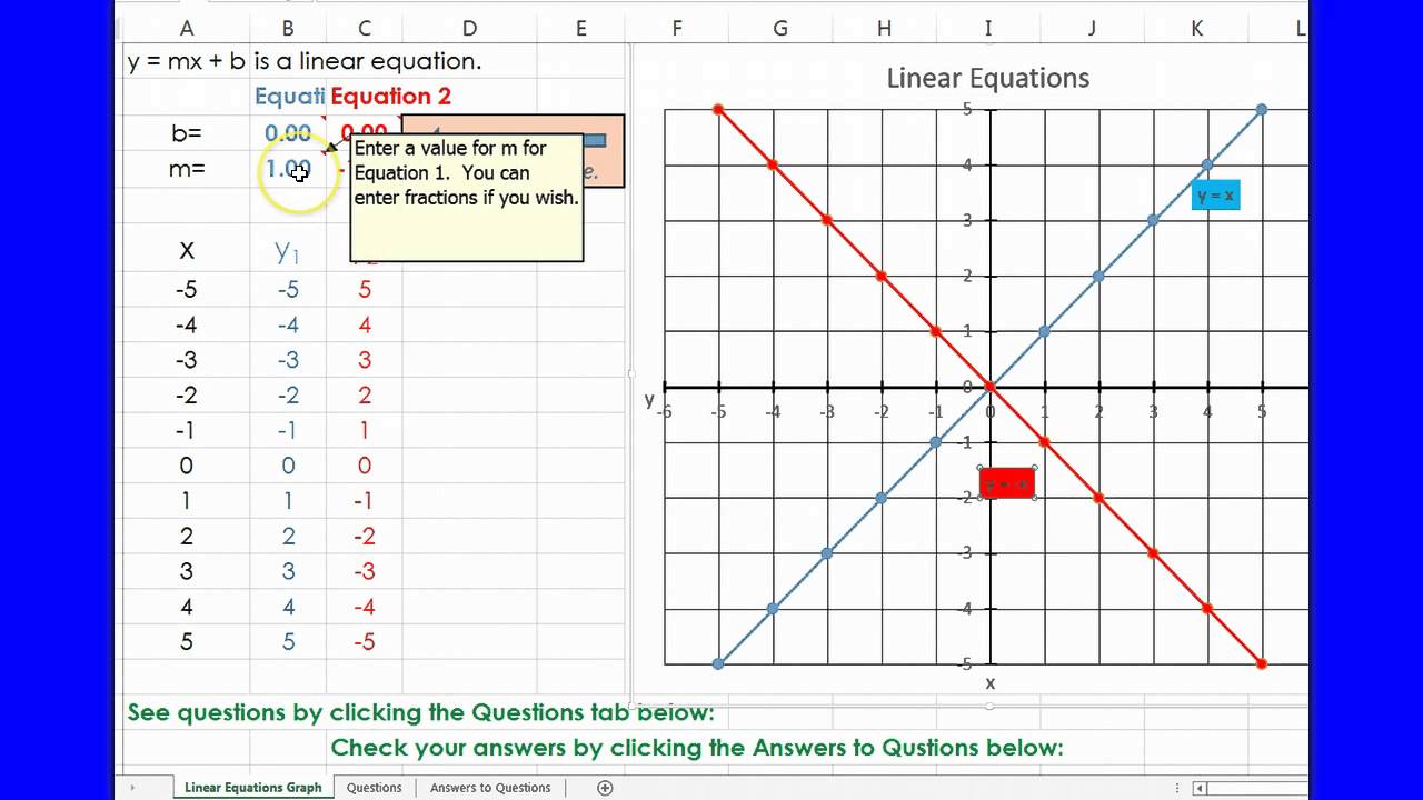 Linear Equations Using Excel Spreadsheet Youtube