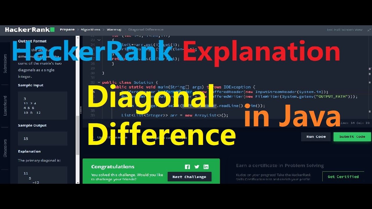 Diagonal Difference Hacker Rank Solution With Explanation In Java Youtube