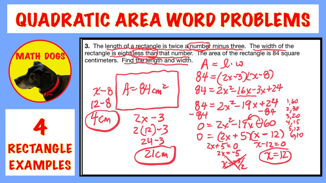 Quadratic Area Word Problems 4 Rectangle Examples Youtube