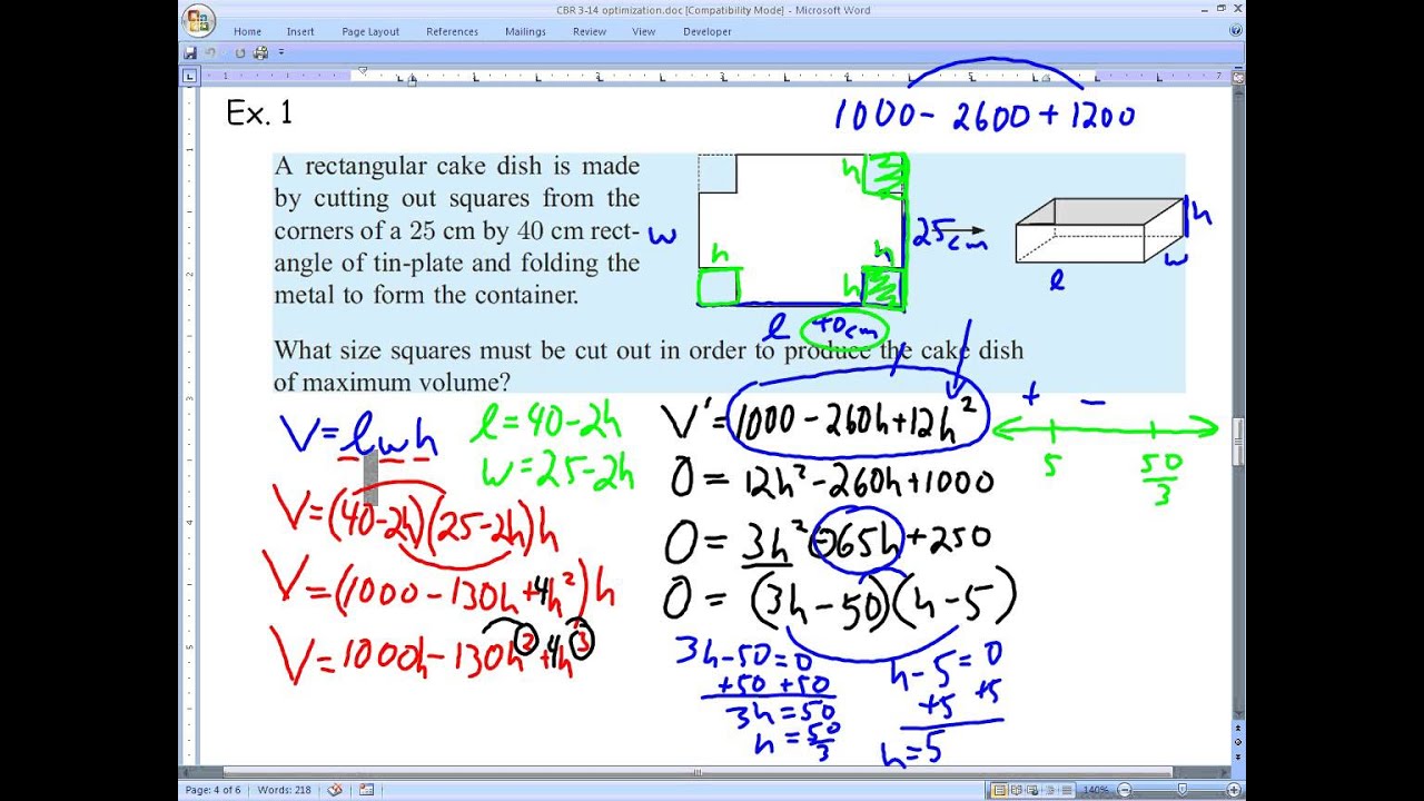 Ib Calculus Optimization 3 10 2015 Youtube