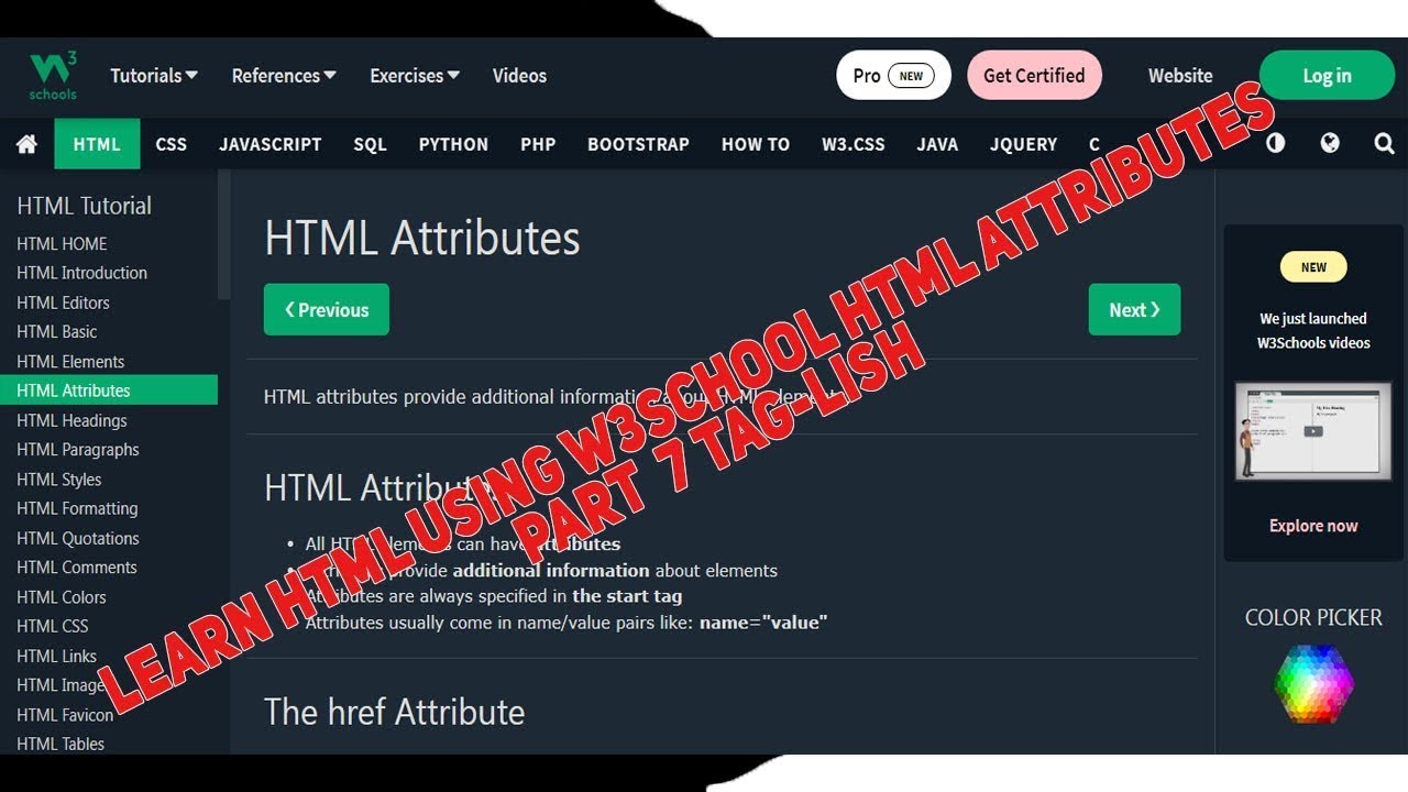 Learn Html Using W3school Html Attributes Part 7 Tag Lish Youtube