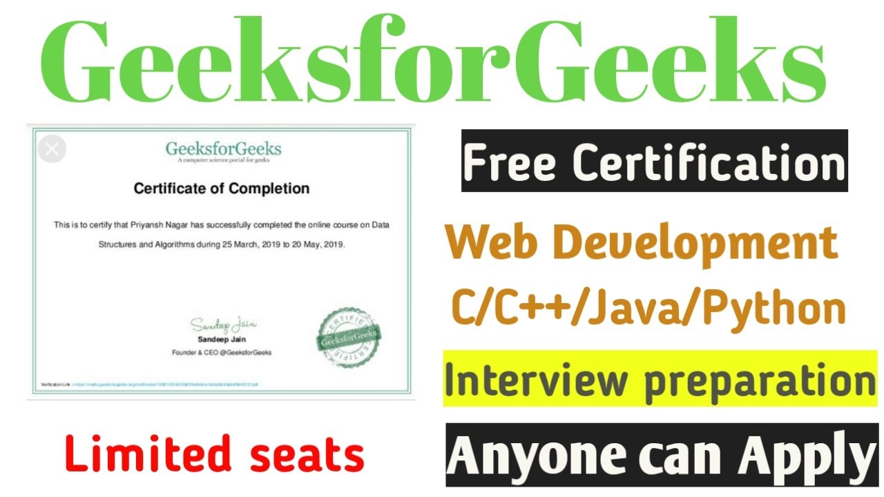 Geeksforgeeks Free Course Certificate Web Development Java C C