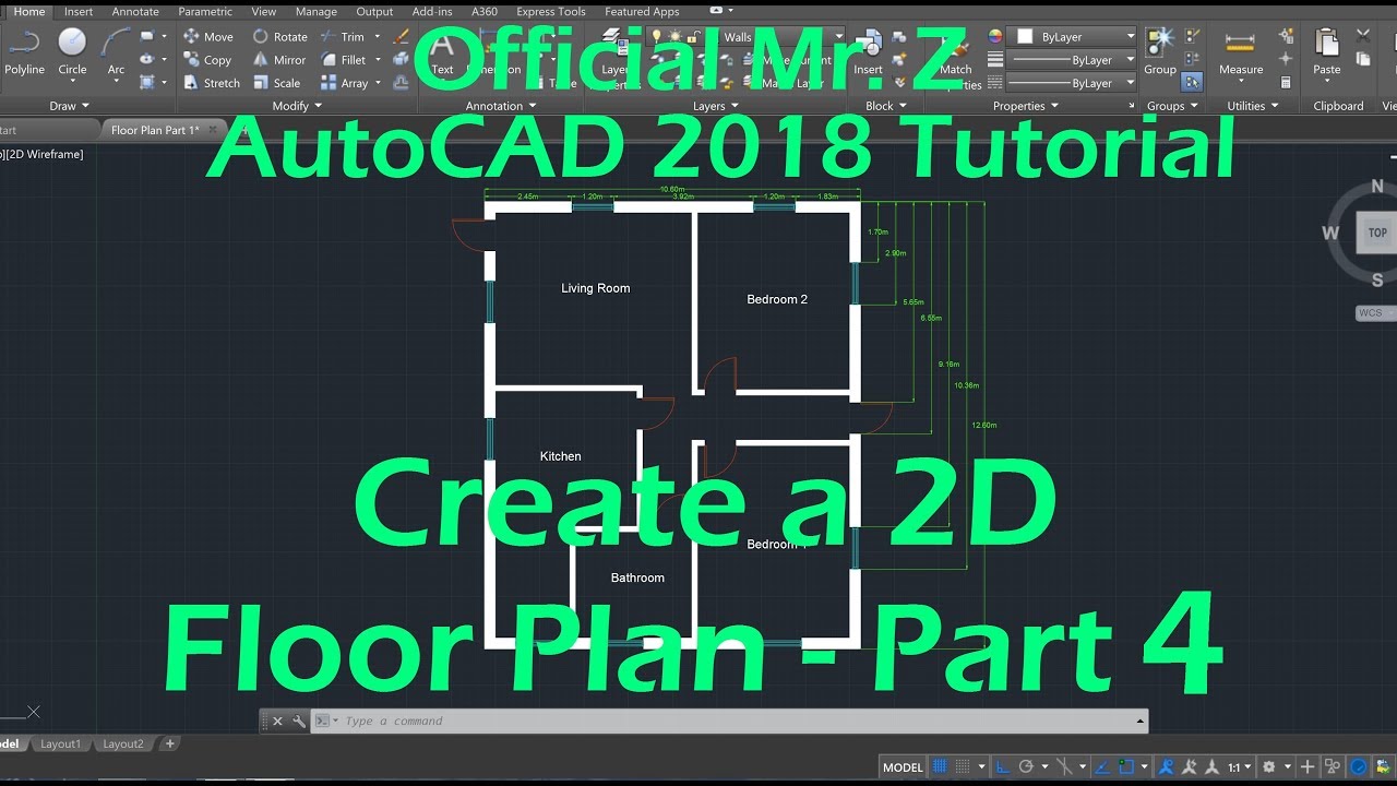 Beginner Autocad 2018 Tutorials 2d Floor Plan Part 4 Youtube