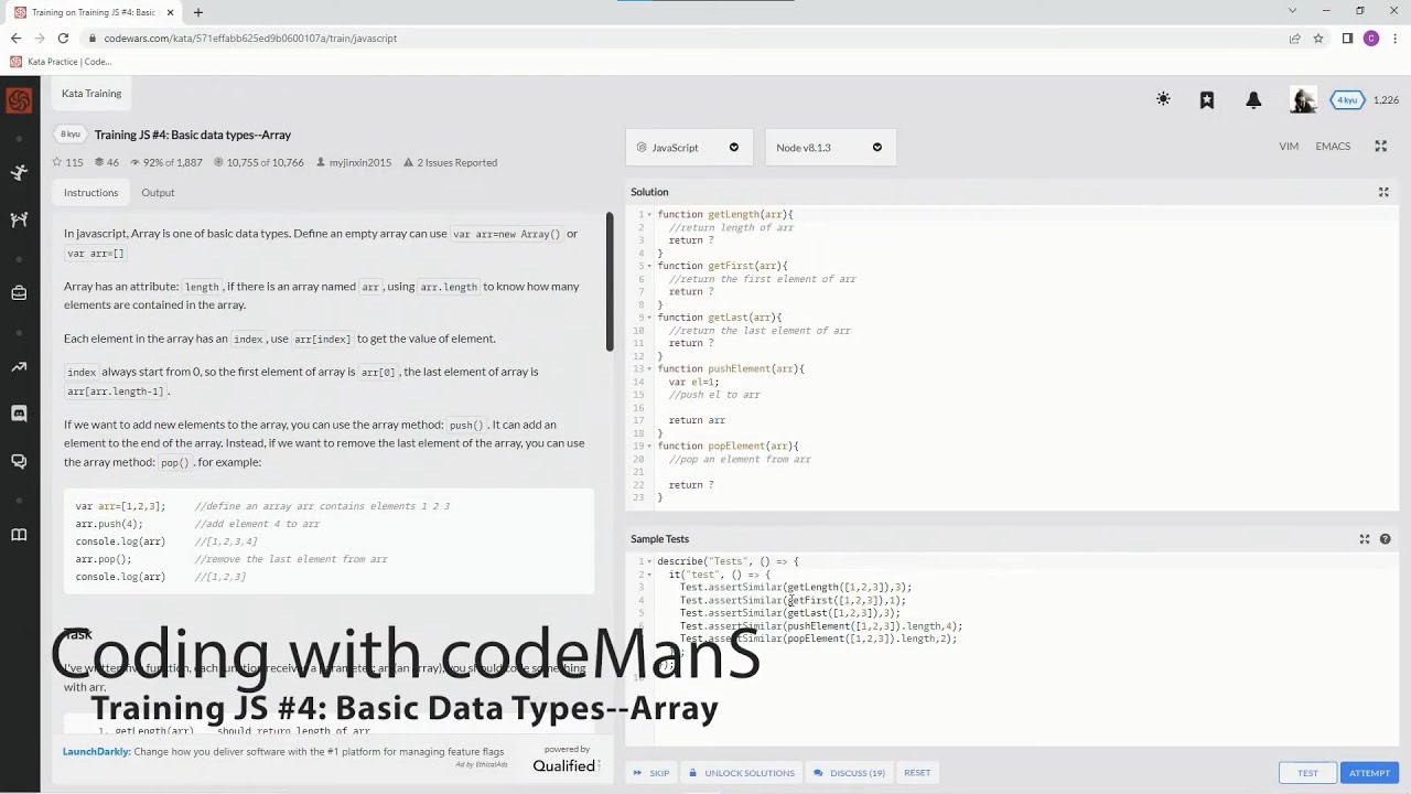 Codewars 8 Kyu Training Js 4 Basic Data Types Array Javascript Youtube