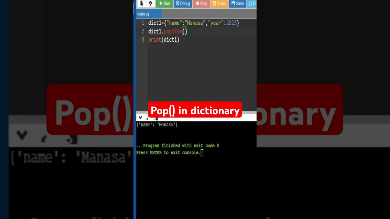 Pop Method In Dictionary Class 7 Python Pop Coding Shorts