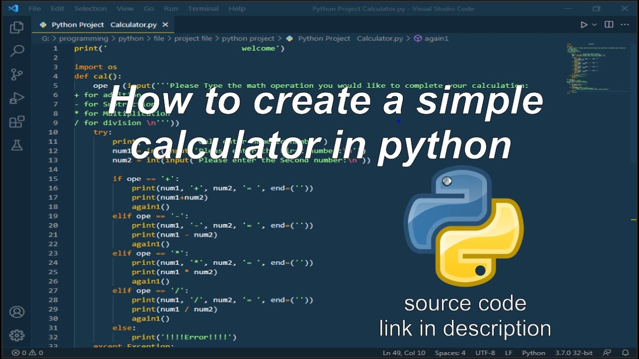 How To Create A Simple Calculator In Python Python Mini Project Youtube
