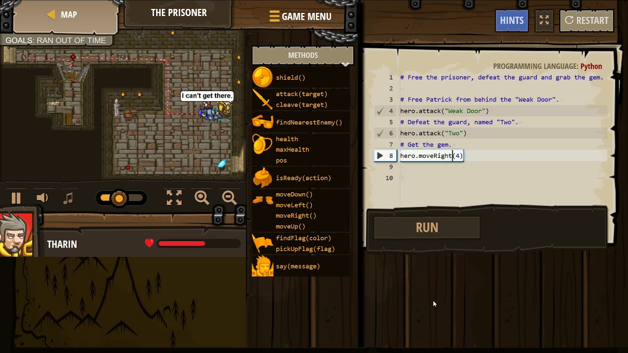 Code Combat Python Level The Prisoner Arguments Basic Syntax Strings