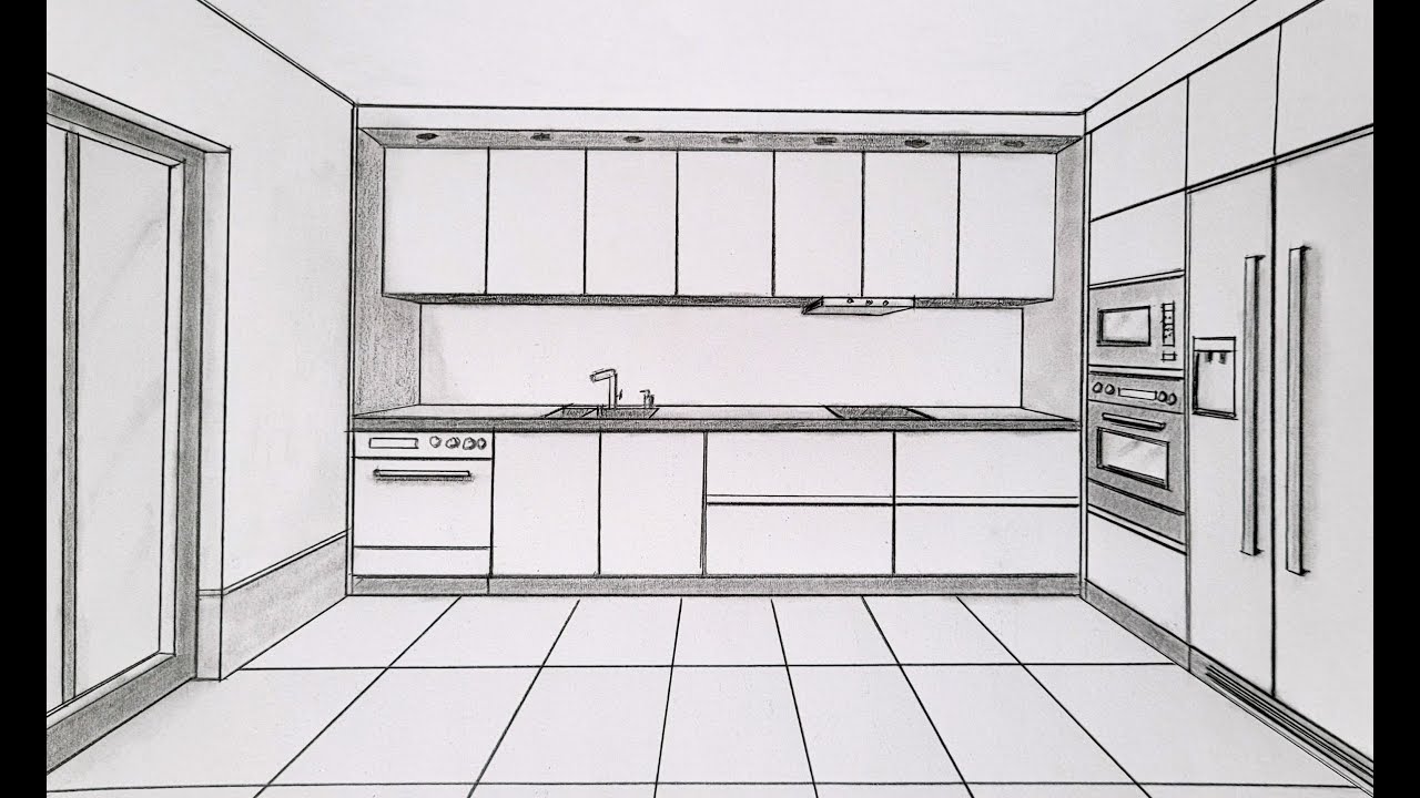 How To Draw A Kitchen In One Point Perspective Step By Step Drawing