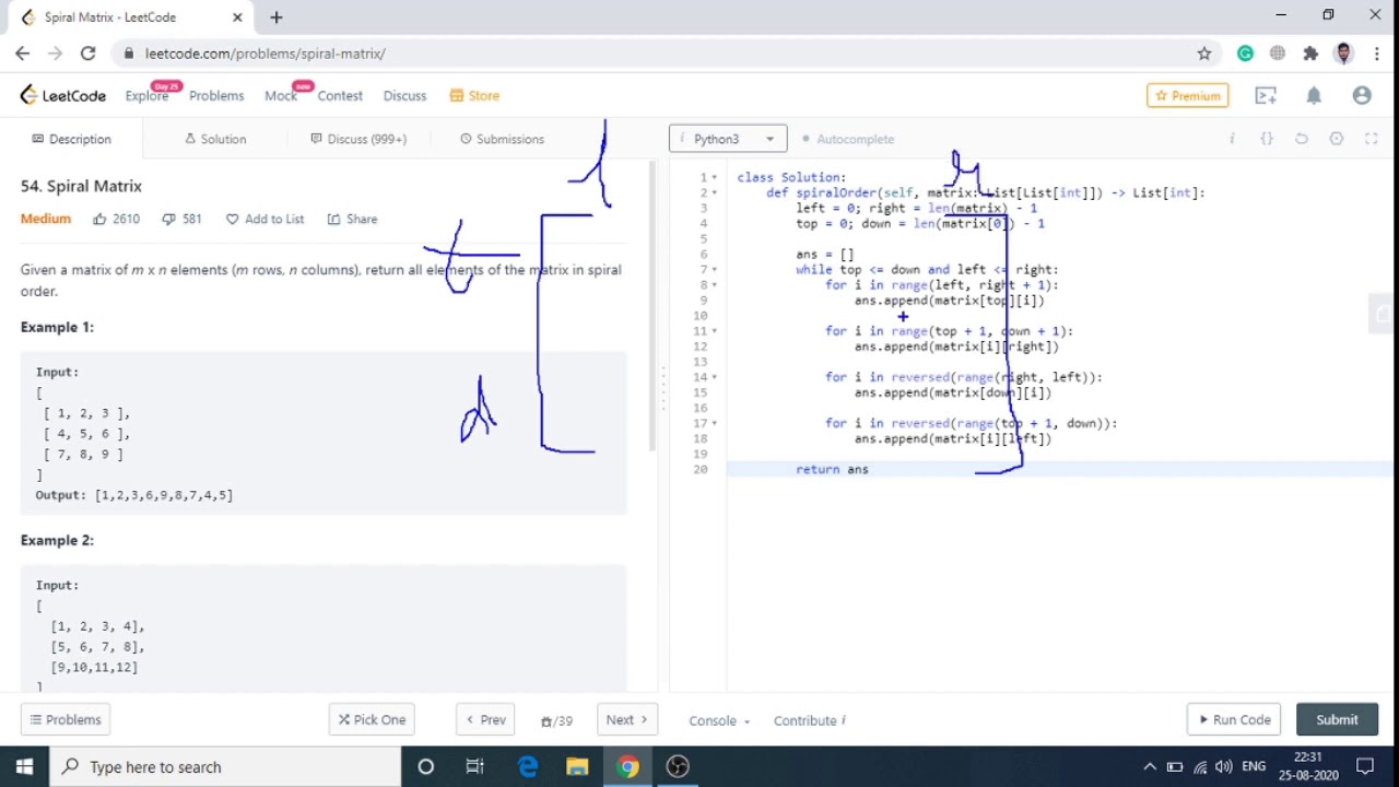 Spiral Matrix Leetcode Solution Python Youtube