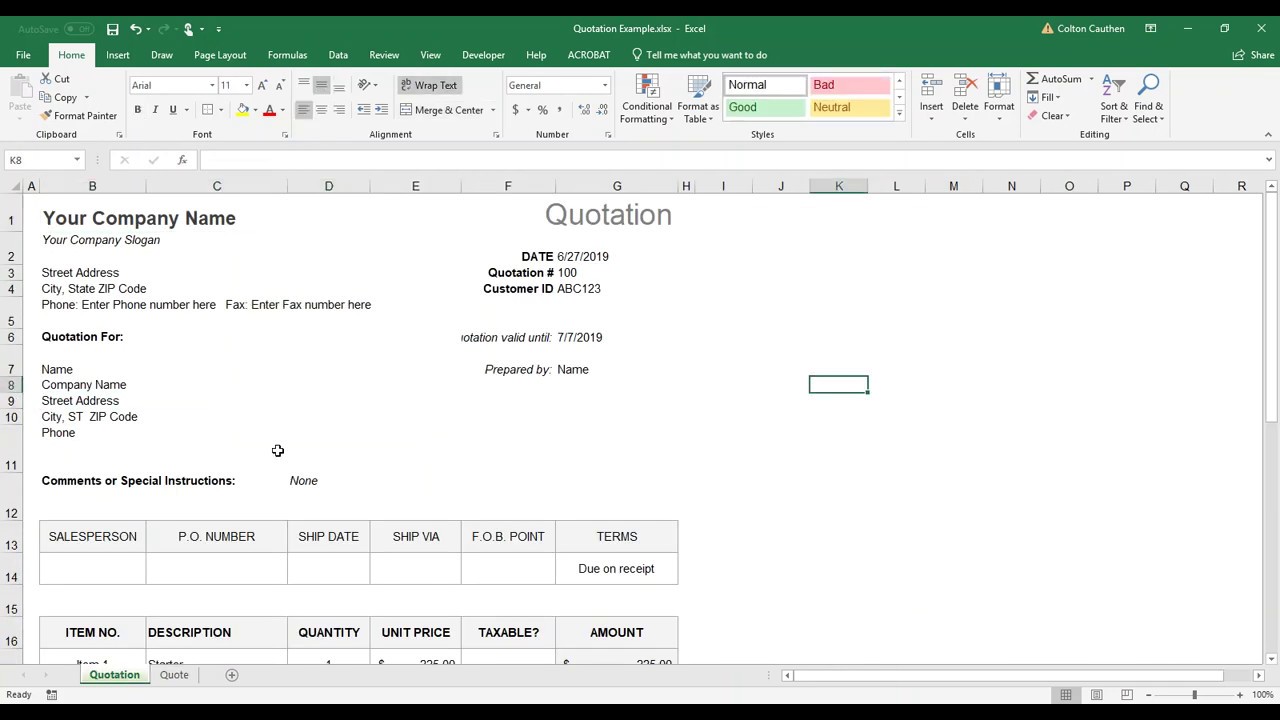 How To Create A Quote Form In Excel For Your Business Youtube
