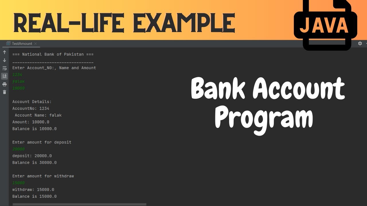 Real Life Example Bank Account Program In Java In Hindi Youtube
