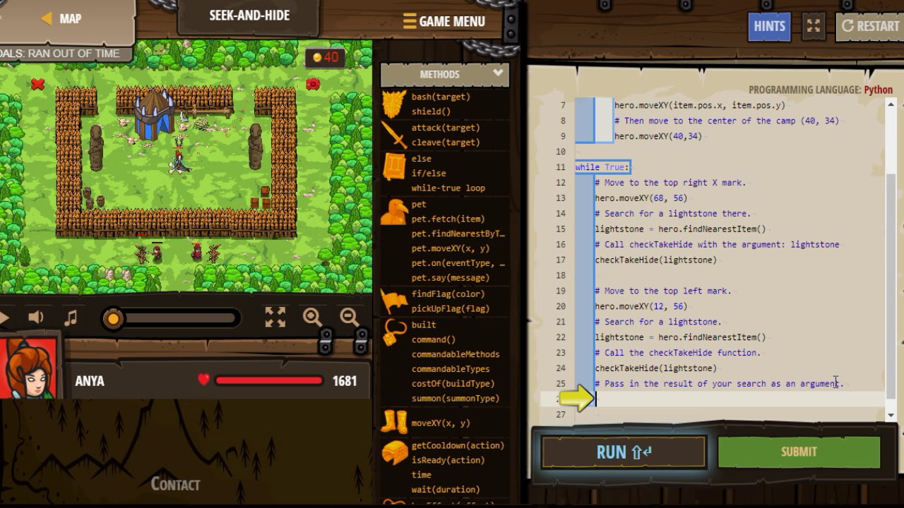 Codecombat Python Solution Seek And Hide Youtube