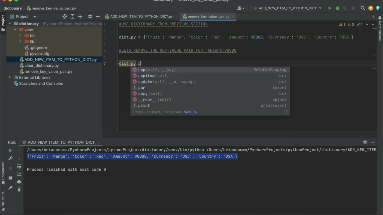 How To Remove Key Value Pair From A Python Dictionary Youtube