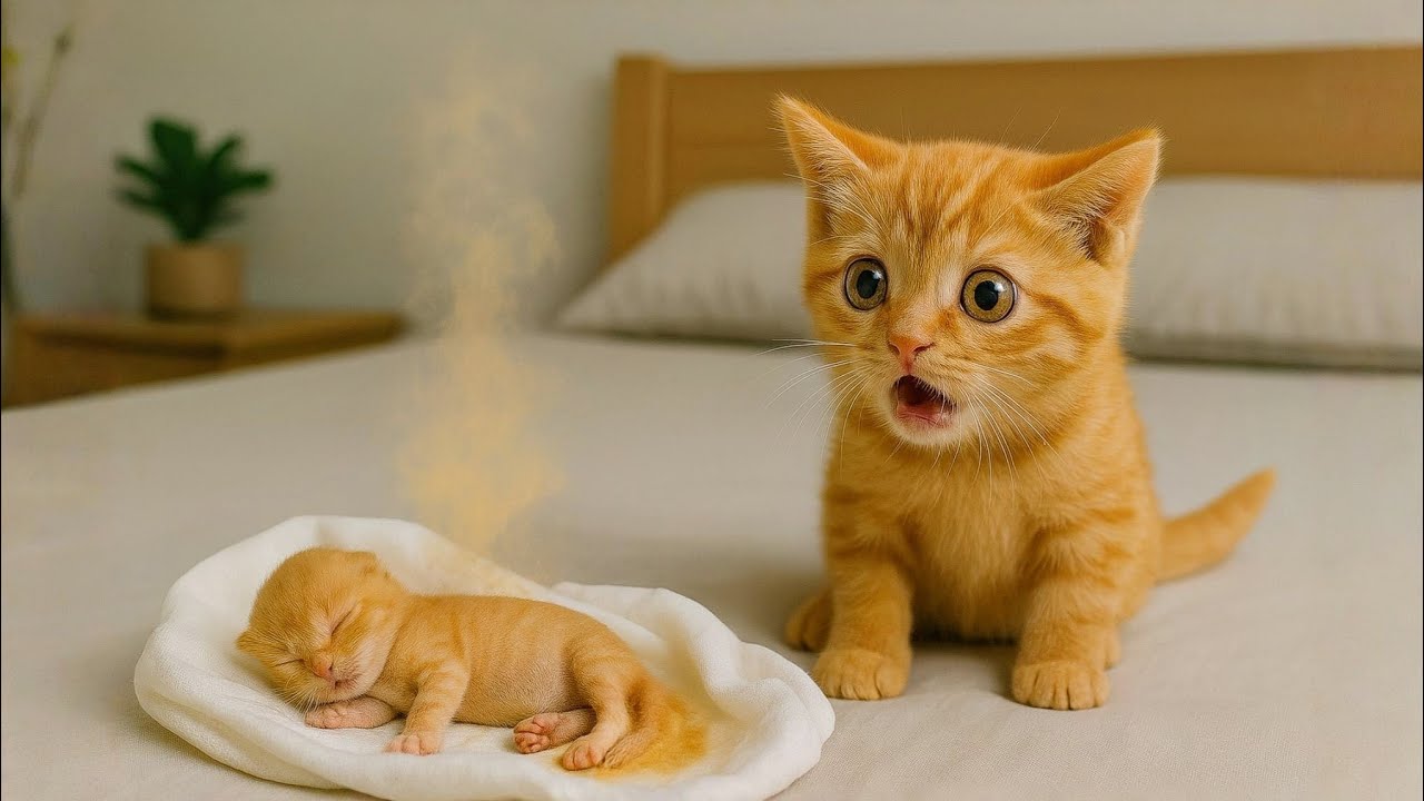 Kitten Panicked When Newborn Cat Pooped Mama Cat Called To Help It