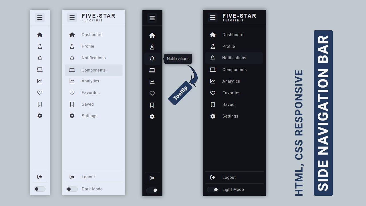 Responsive Side Navigation Bar With Dark And Light Mode Using Html