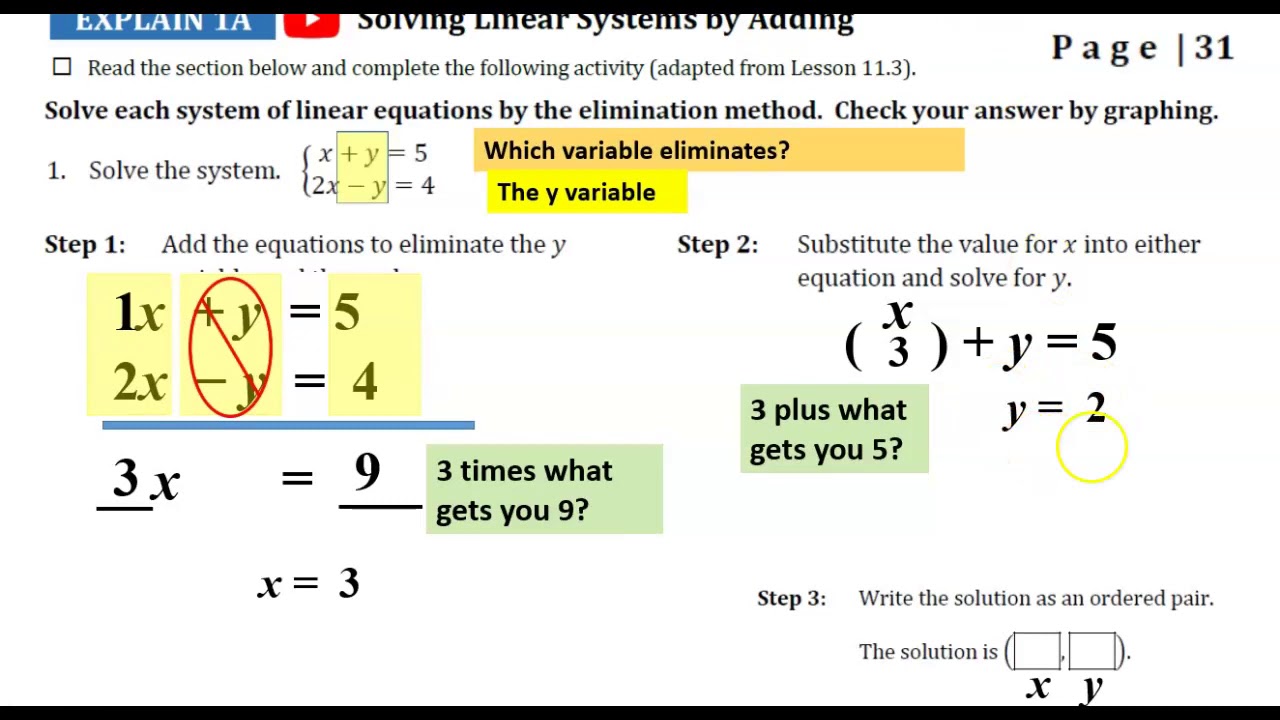 11 3 Solving Linear Systems By Adding Or Subtracting Youtube