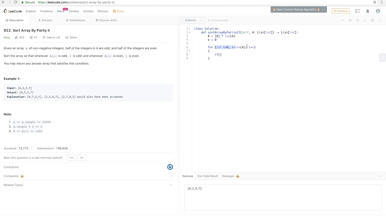 Leetcode 922 Sort Array By Parity Ii Python Youtube