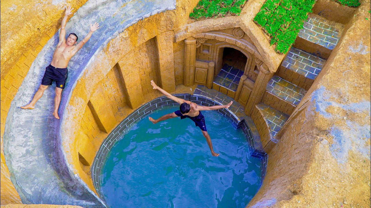 100 Days Of Build Swimming Pool Water Slide Around Secret Underground