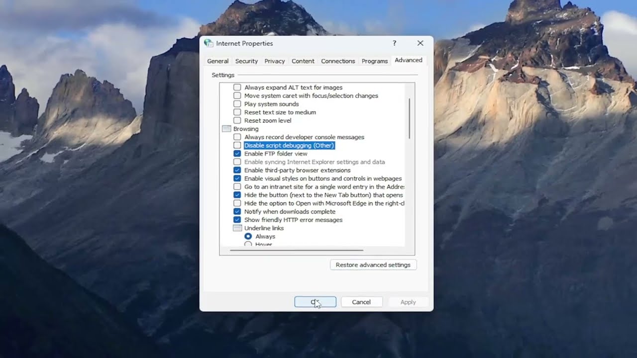 Disable Script Errors And Runtime Error Messages In Windows Computer