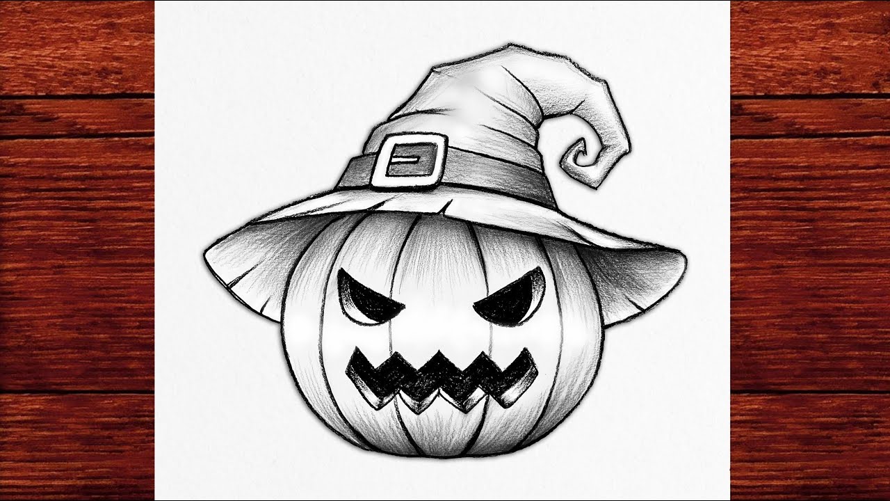 How To Draw A Scary Pumpkin With Witch Hat Easy Halloween Drawing