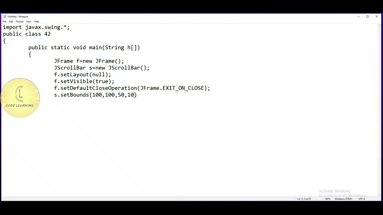 Java Swing Class Jscrollbar Codelearning Youtube