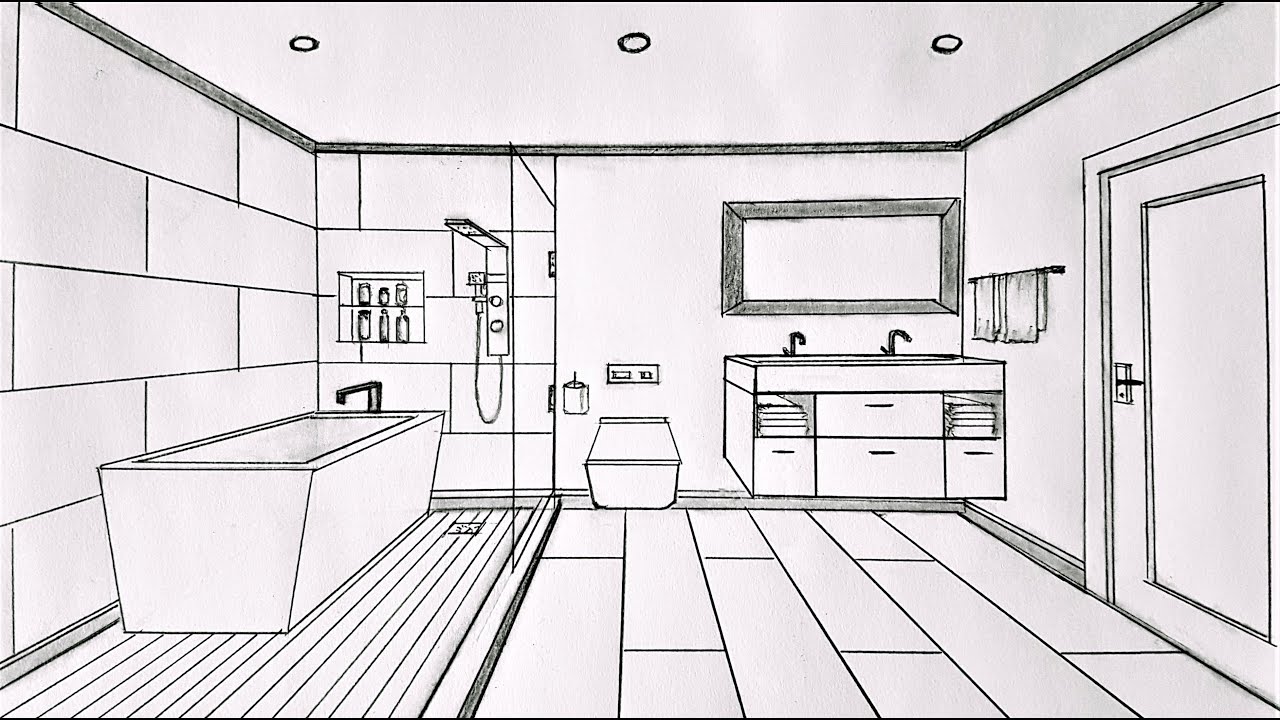 One Point Perspective Drawing Of Bathroom
