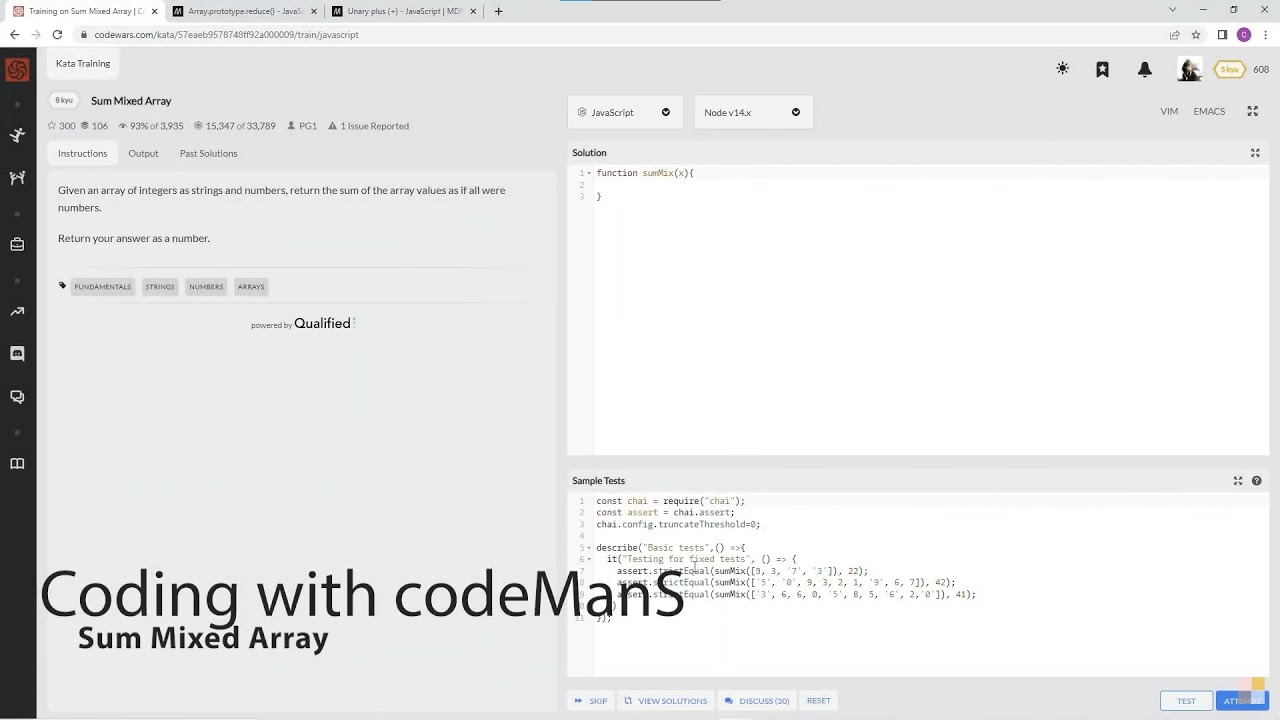 Codewars 8 Kyu Sum Mixed Array Javascript Youtube