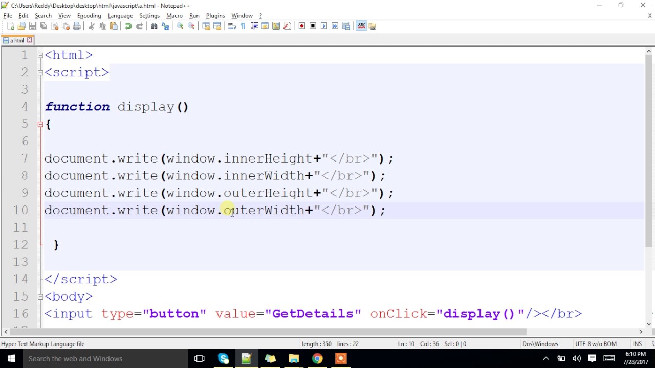 How To Get Window Dimensions Using Javascript Window Object Youtube