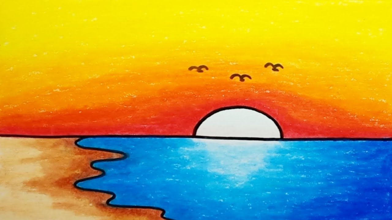 How To Draw Scenery Sunset And Beach With Crayons Drawing Easy Scenery