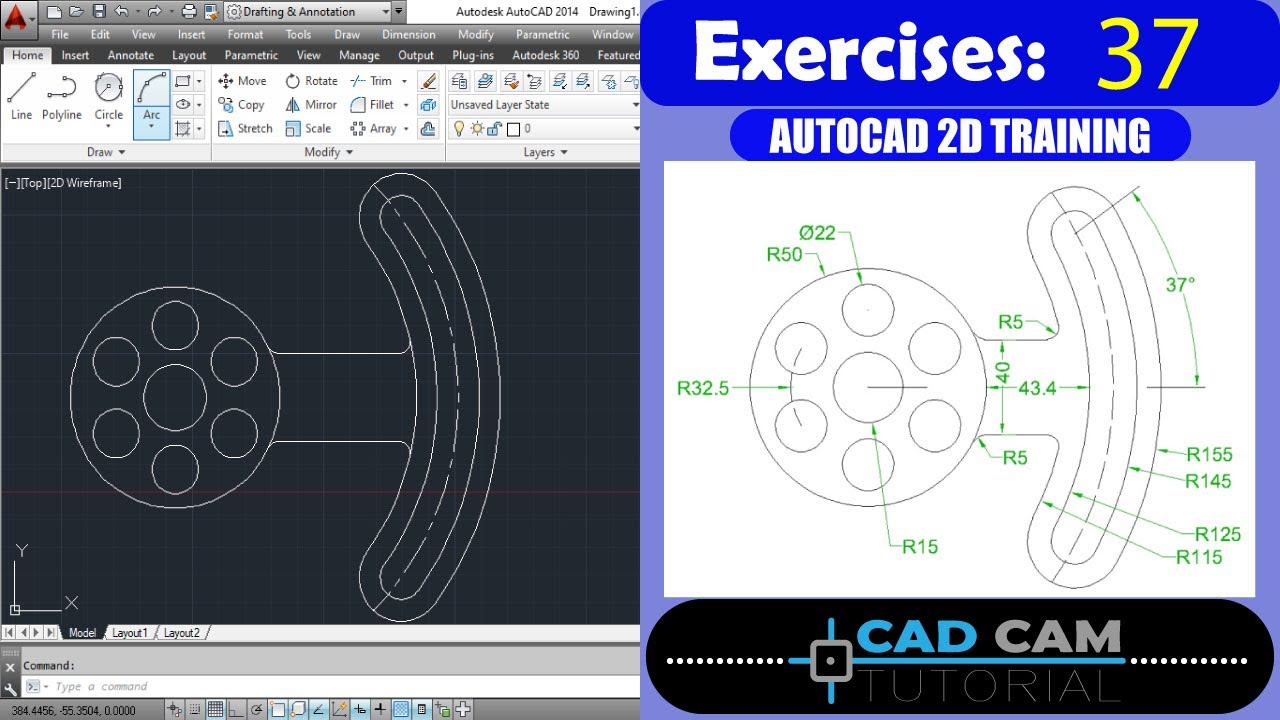 Autocad 2d Practice Drawing Exercise 37 Simple Tutorial Youtube
