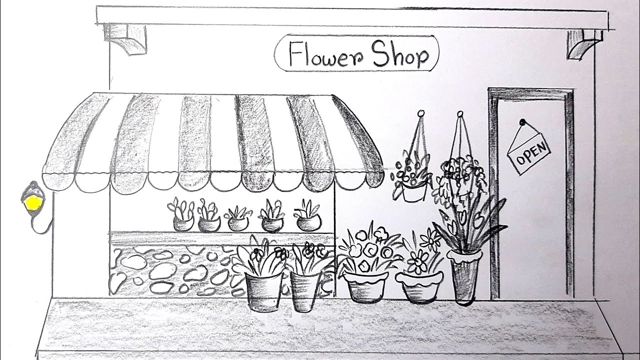 How To Draw Easy Flower Shop Scenery Step By Step Youtube