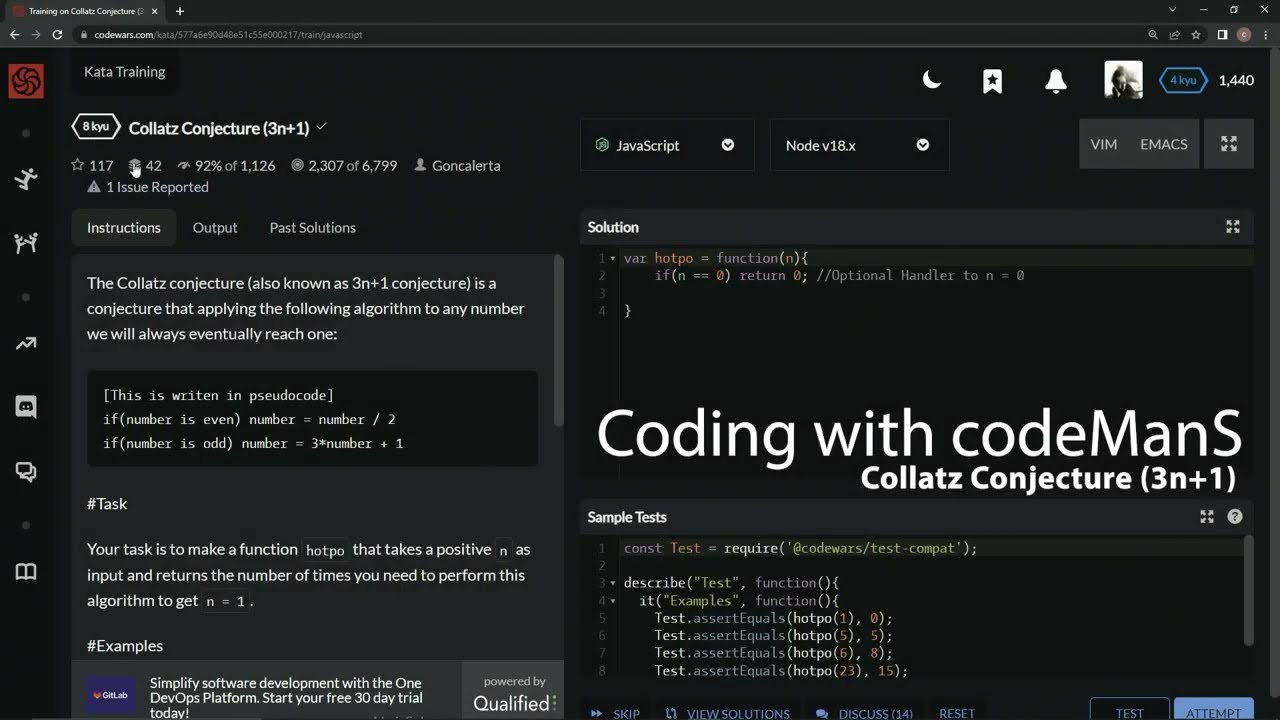 Codewars 8 Kyu Collatz Conjecture 3n 1 Javascript Youtube