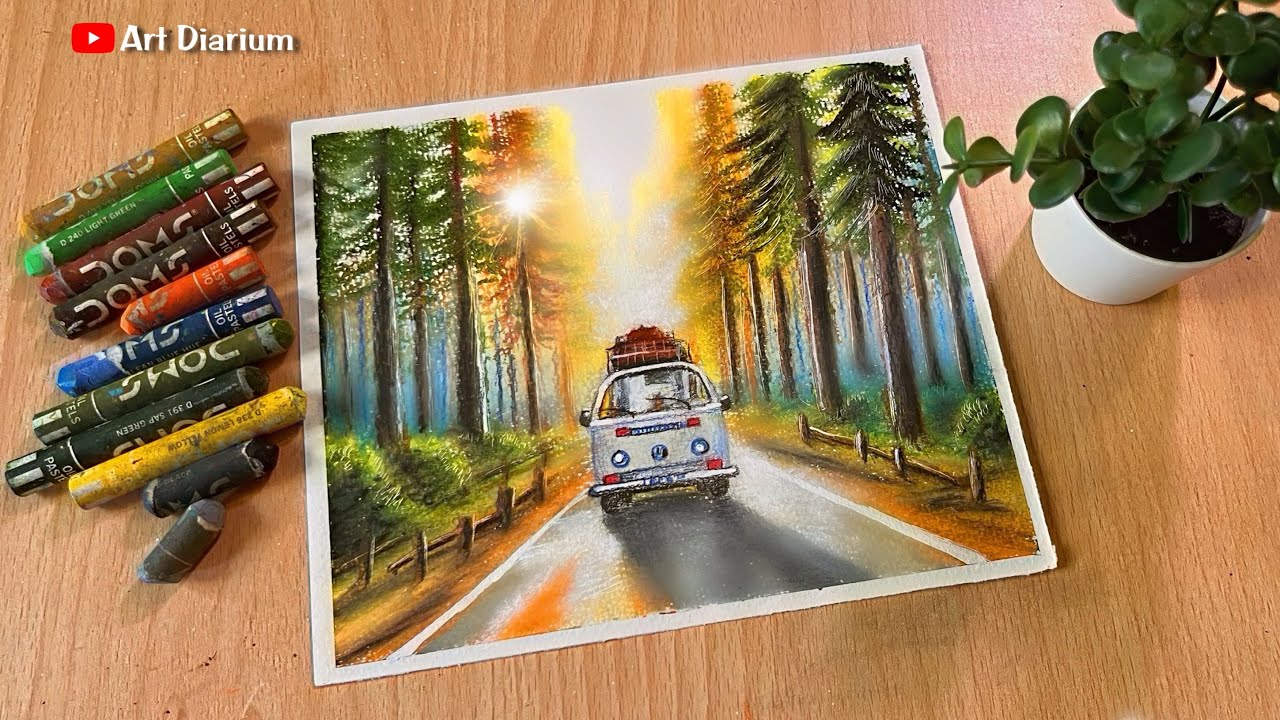 A Trip To Forest Scenery Drawing With Oil Pastel Step By Step