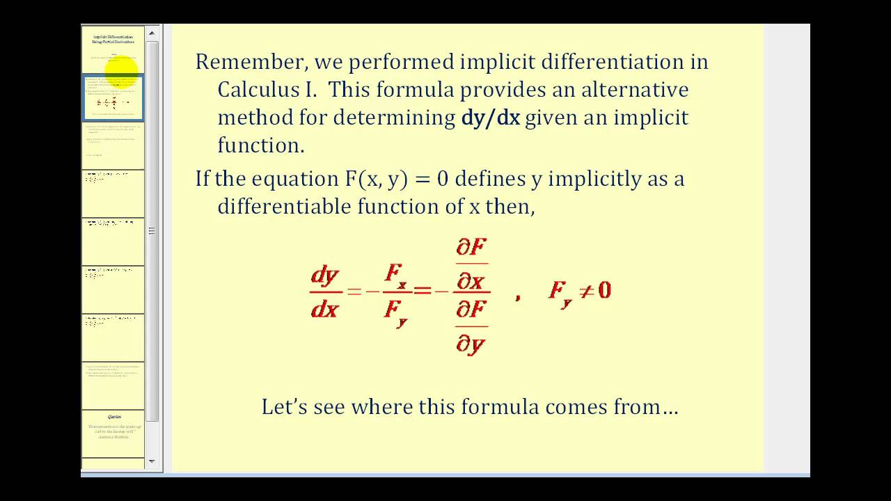 Implicit Differentiation Of Functions Of One Variable Using Partial