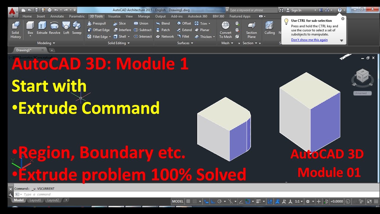 Autocad 3d Module 01 Basic Of Autocad 3d Tutorial With Extrude Command