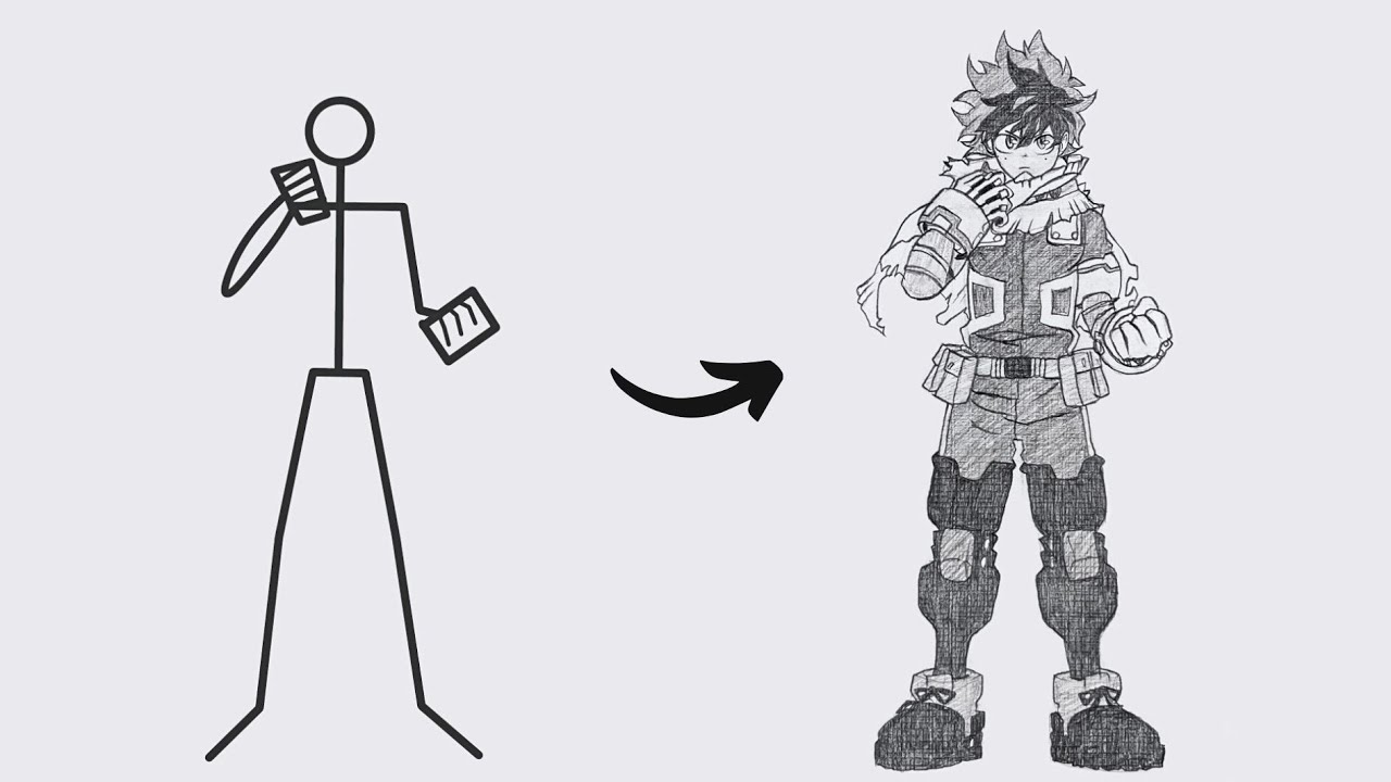How To Draw Deku Full Body Out Of A Stickman Izuku Midoriya Easy